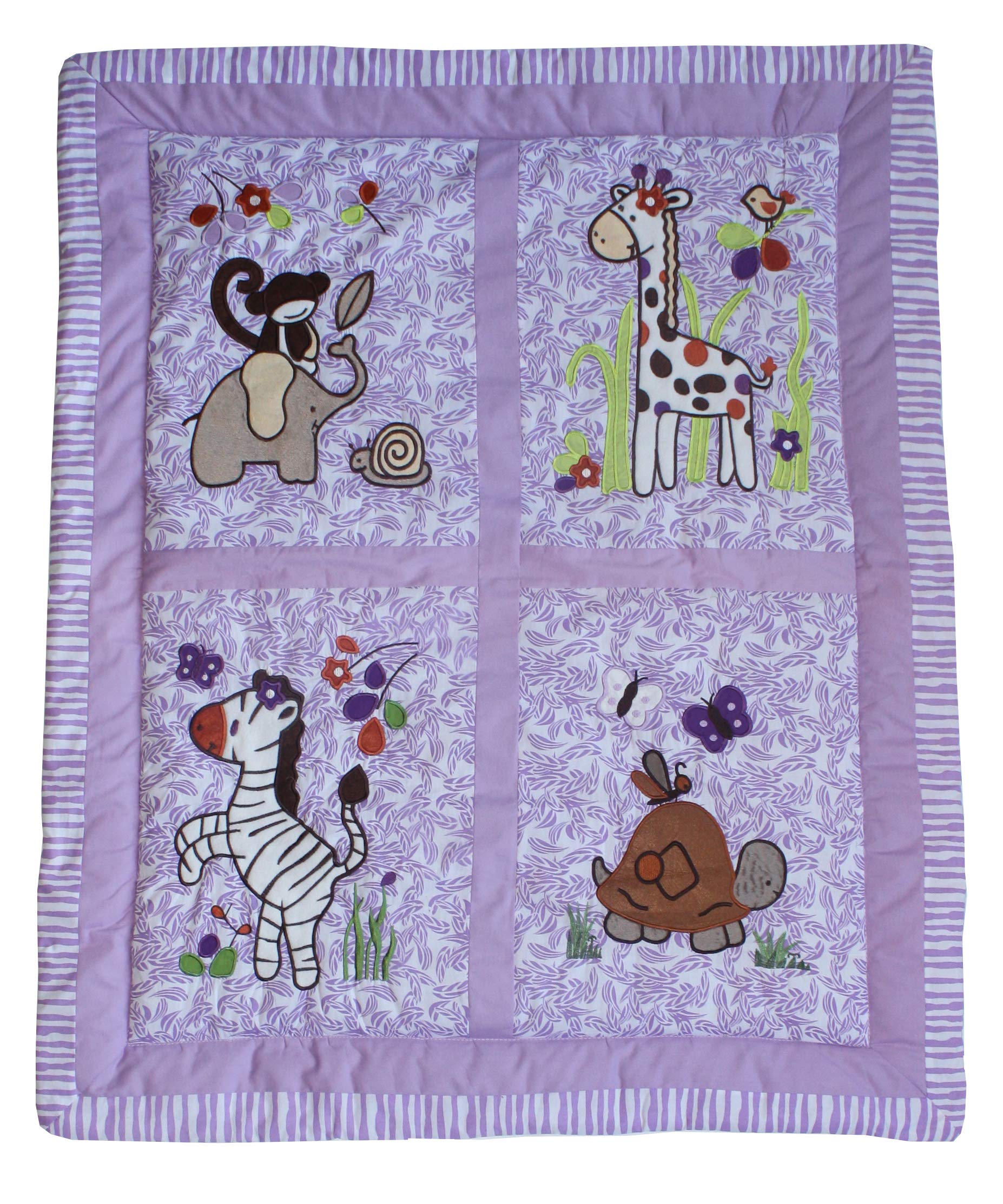 BabyFad Jungle Girl Purple with Elephant, Giraffe, Zebra and Turtle with Musical Mobile 9 Piece Baby Crib Bedding Set 100% Cotton