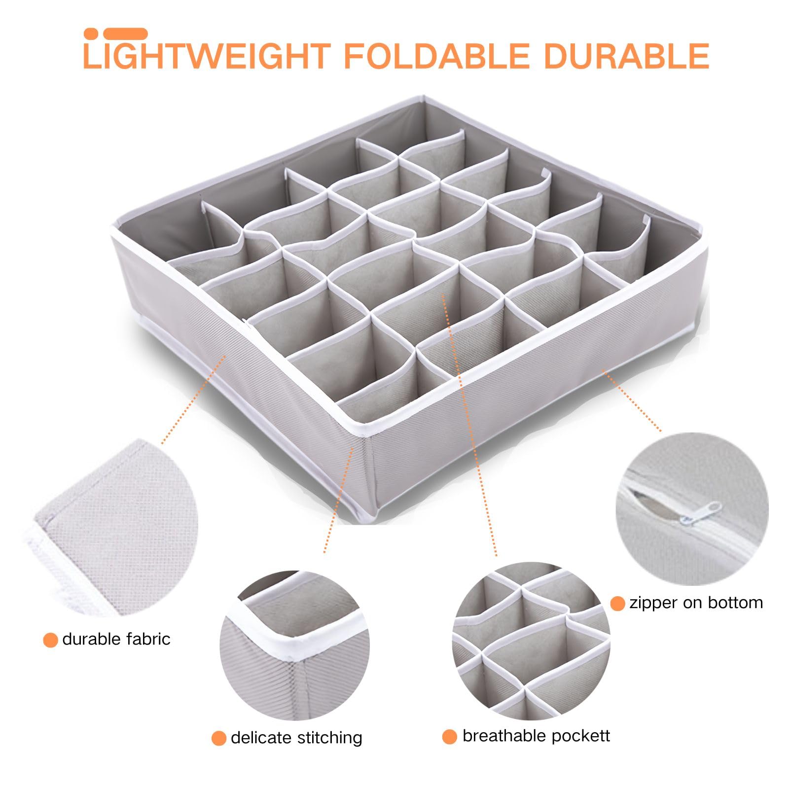 3 Sets of Sock and Underwear Storage Dividers, 72 Compartment Fabric Foldable Drawer Organizer, Closet Drawer Organization for Socks, Underwear, Belts and Ties (24+24+24 Cell, Light Gray)