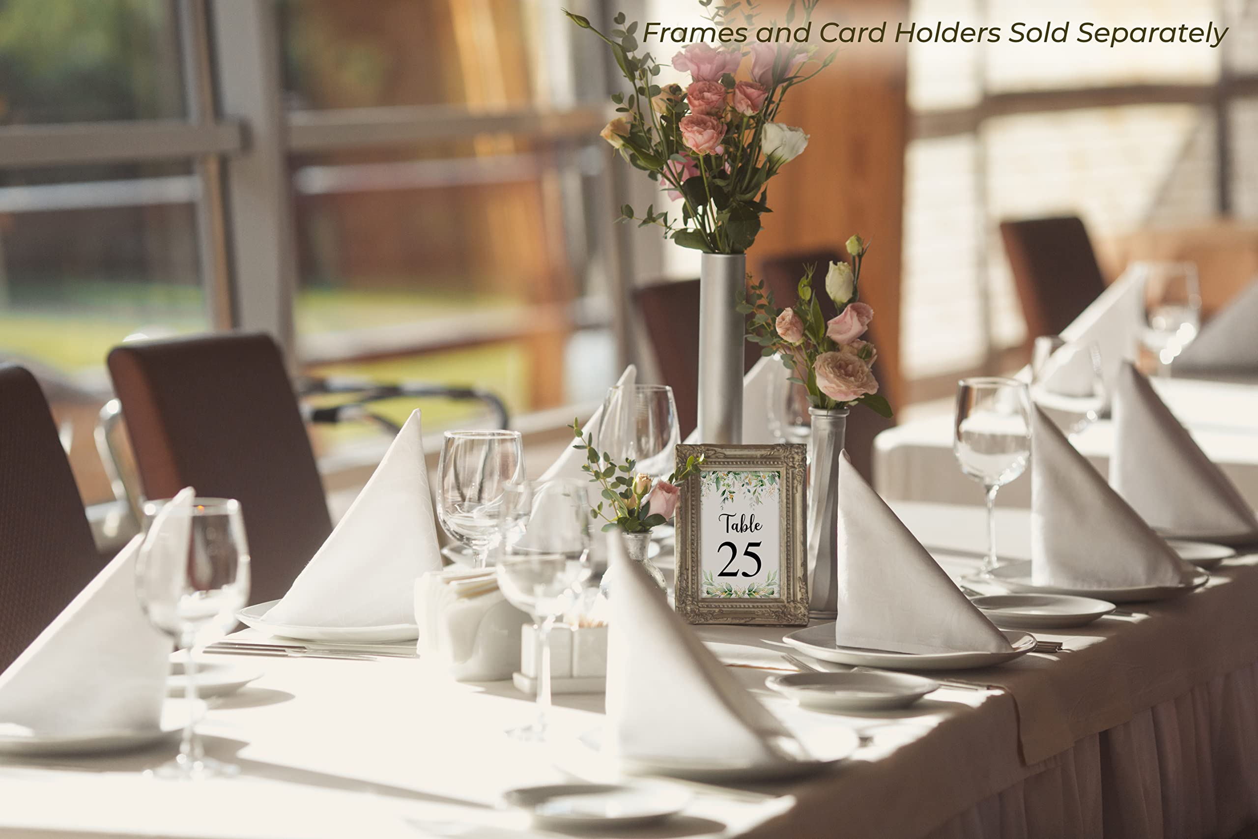 25 Pcs Effortless Events Wedding Table Numbers, 4x6 in Table Numbers for Wedding Reception 1-25, Gold & Greenery Eucalyptus Design for Rustic Weddings, Receptions, Parties, & Events