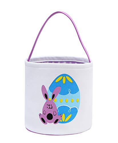 E-FirstFeeling Easter Basket Easter Bunny Basket for Kids Canvas Easter Egg Hunt Basket Easter Candy Toys Bucket Tote (Egg-Purple)