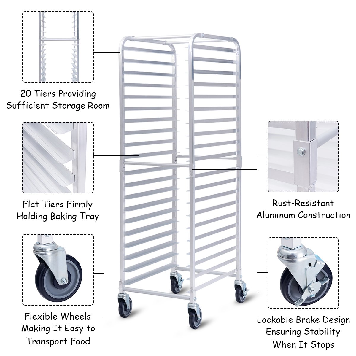 Giantex 20-Tier Kitchen Bun Pan Sheet Rack Aluminum Bakery Rack Home Commercial Kitchen Bakery Cooling Rack w/Wheels 2 Lockable & Open Shelf