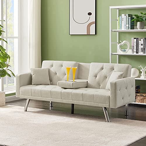3 in 1 Comfy Daybed Loveseat Convertible Sleeper Couch Bed, Linen Tufted Upholstered Futon Love Seat Sofabed W/Drop-Down Cupholders & Metal Legs for Home Office Apartment Compact Space Living Room