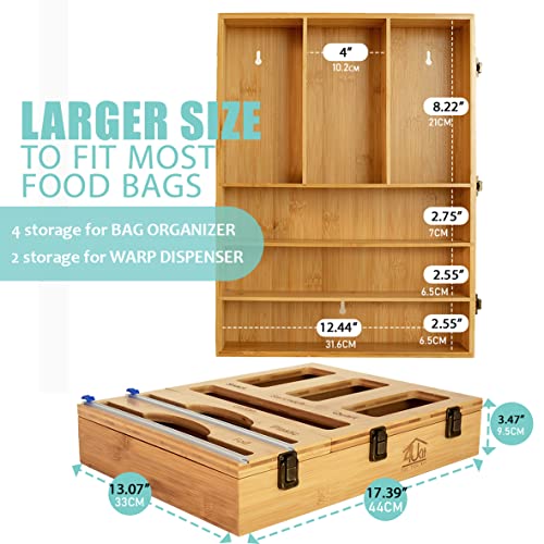 4UKIT Ziplock Bag Storage Organizer Bamboo 6 in 1- Plastic Wrap and Foil (12,4" Roll) Dispenser with Cutter-Suitable for Snack, Gallon, Quart & Sandwich Bag- Kitchen,Pantry,Cabinet,Drawer Organizer