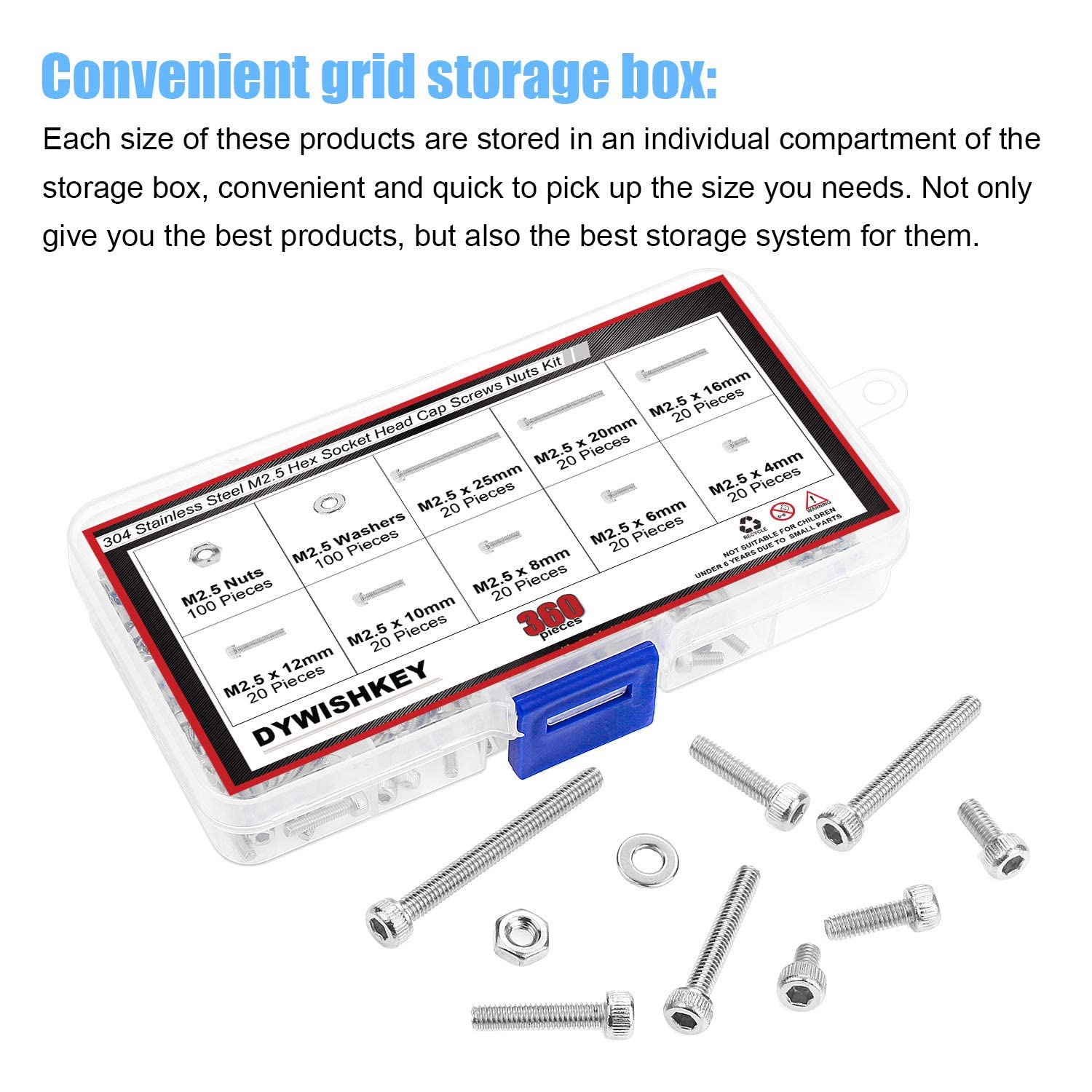 DYWISHKEY 360 Pieces M2.5 x 4mm/6mm/8mm/10mm/12mm/16mm/20mm/25mm, Stainless Steel 304 Hex Socket Head Cap Bolts Screws Washers Nuts Kit with Hex Wrench