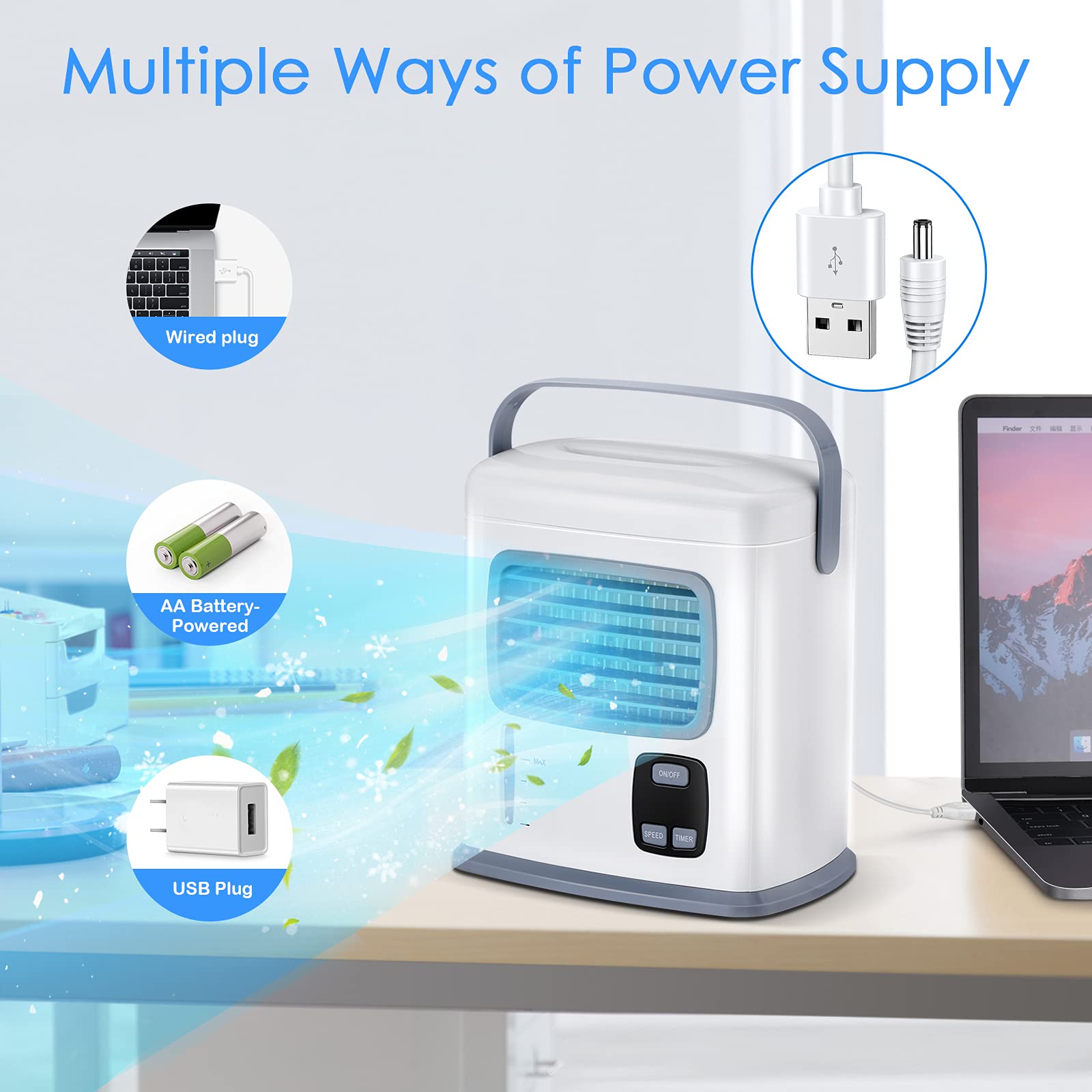 3 in 1 Personal Air Conditioner Fan for Office - Mini Portable AC Evaporative Air Cooler Fan w/Auto Timer, Adjustable Wind Direction, 18 Oz Large Water Tank, Low Noise, Ideal for Small Room Indoor
