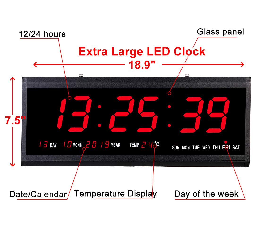 18.9 Inch Oversized LED Digital Wall Clock Large Display with Indoor Temperature Date and Day of Week,Electric Wall Clock/Calendar Timer Home Decor -Red
