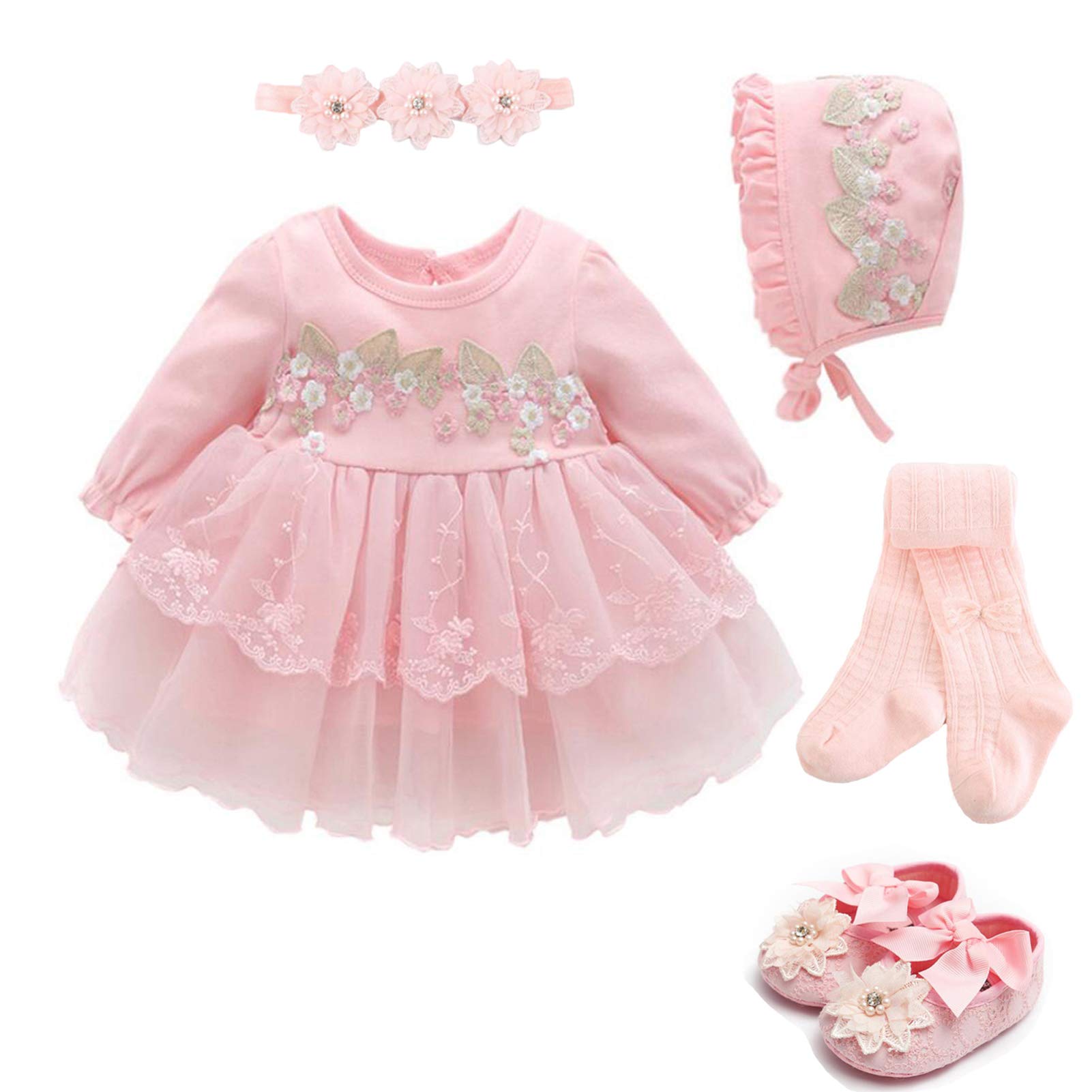 Baby Girls Princess Dress 1st Birthday Dress Outfit Wedding Christmas Party Dress hat Headband Tights Shoes Set (Pink (5 pcs Set),3-6 Months)…