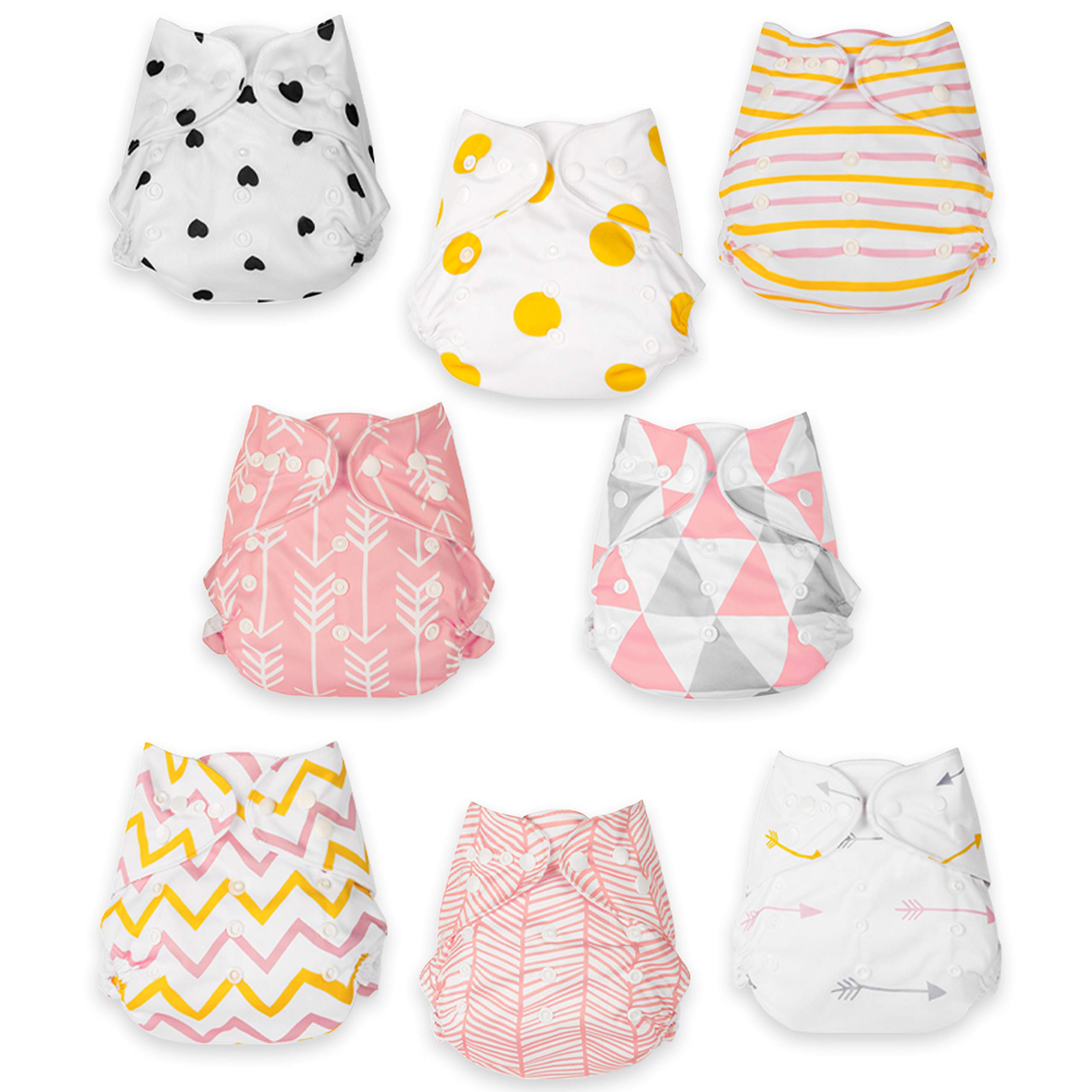 BaeBae Goods Newborn Cloth Diapers β 8 Reusable Cloth Diapers for Babies with 8 Cloth Diaper Inserts β Extra Leg Lining to Avoid Leakage - Waterproof Outside Soft Inside β Adjustable Size for Girls