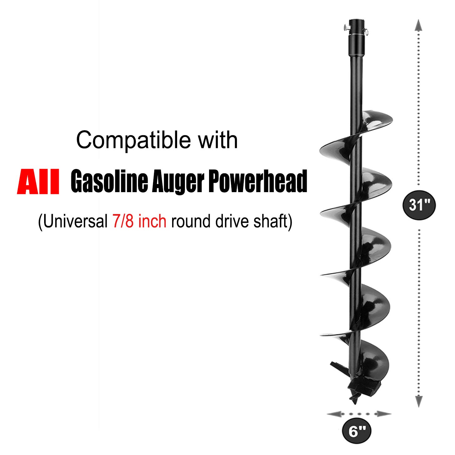 Earth Auger Drill Bit,7/8" Shaft & 31” Length Augers for Gasoline Earth and Ice Auger Power Heads (6 Inch, Black Post Hole Digger)