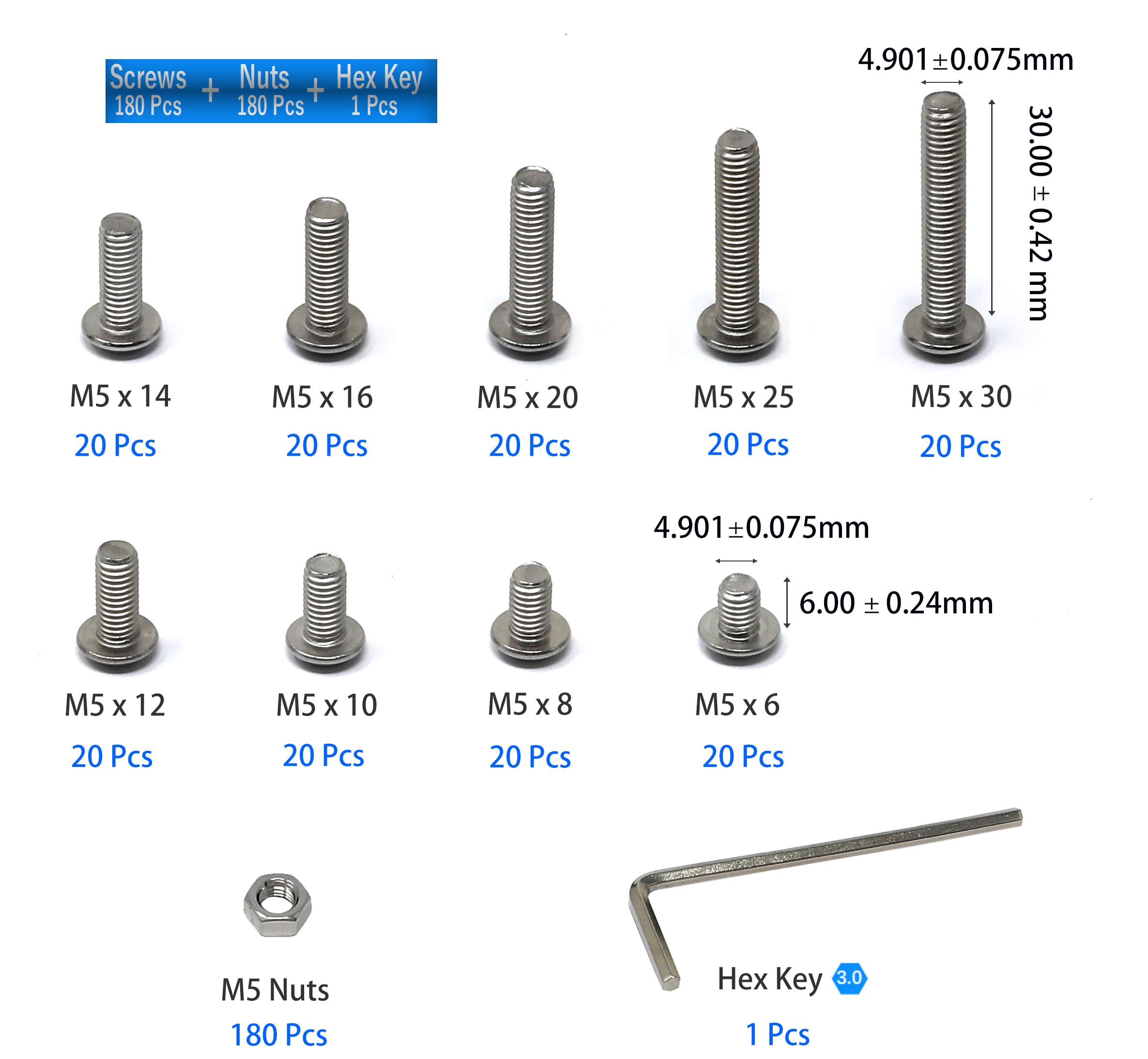 iexcell 360 Pcs M5 x 6/8/10/12/14/16/20/25/30 Stainless Steel 304 Hex Socket Button Head Cap Screws Bolts Nuts Assortment Kit