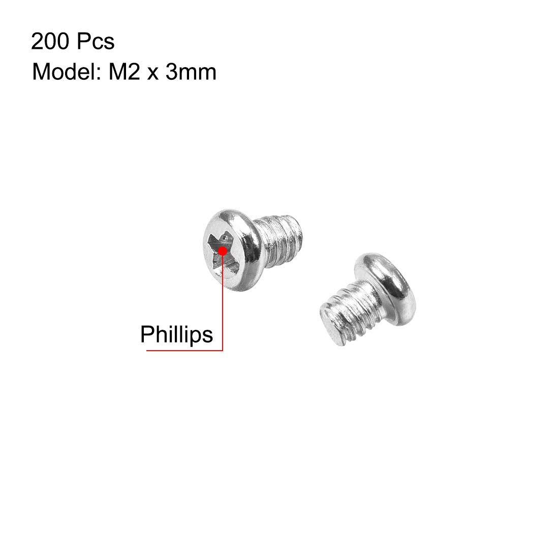uxcell M2x3mm Phillips Screw Fastener Silver Tone 2.8mm Dia Screw Head for Laptop PC TV Fan Audio Switch 200pcs