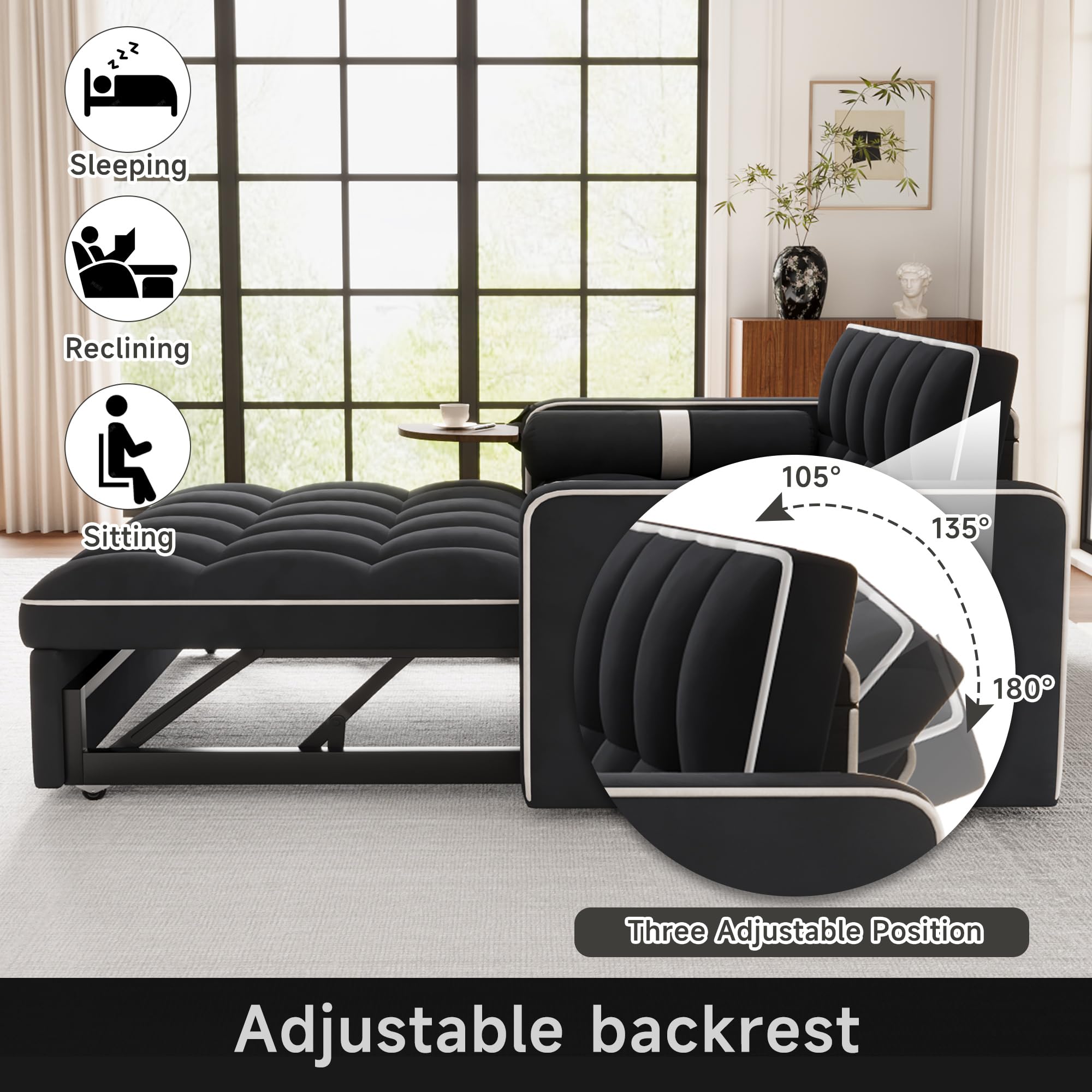 3 in 1 Sleeper Sofa Bed - Convertible Love Seat Couch with Side Table, Tufted Futon Sofa w/Pullout Bed, Adjustable Backrest, Cylinder Pillows, Small Sofa Daybed for Living Room, Apartment (Black)