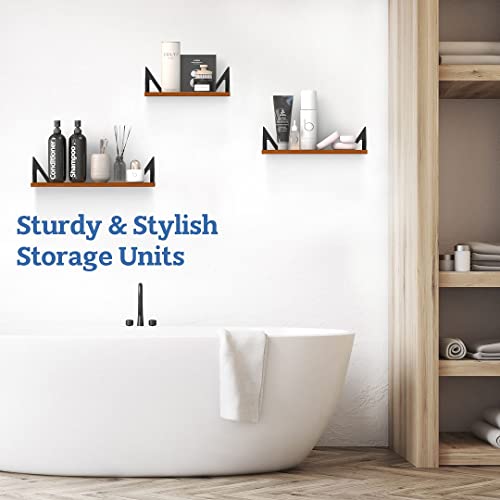 Halter Wall Book Shelves for Bedroom, Small Wall Shelf, Mounted Floating Wall Shelving, Hanging Shelves with Angle Brackets, Wall Shelves for Bedroom, Bathroom, Kitchen, Dark Brown,Set of 3