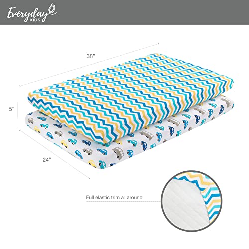 2 Pack n Play Mattress Sheets β 100% Jersey Knit Cotton Soft Portable Crib Mattress Sheets for Boys with Blue, Gray, Yellow Cars and Chevron Design; 2 Pc Playpen Mattress or Mini Crib Sheet Fitted Set