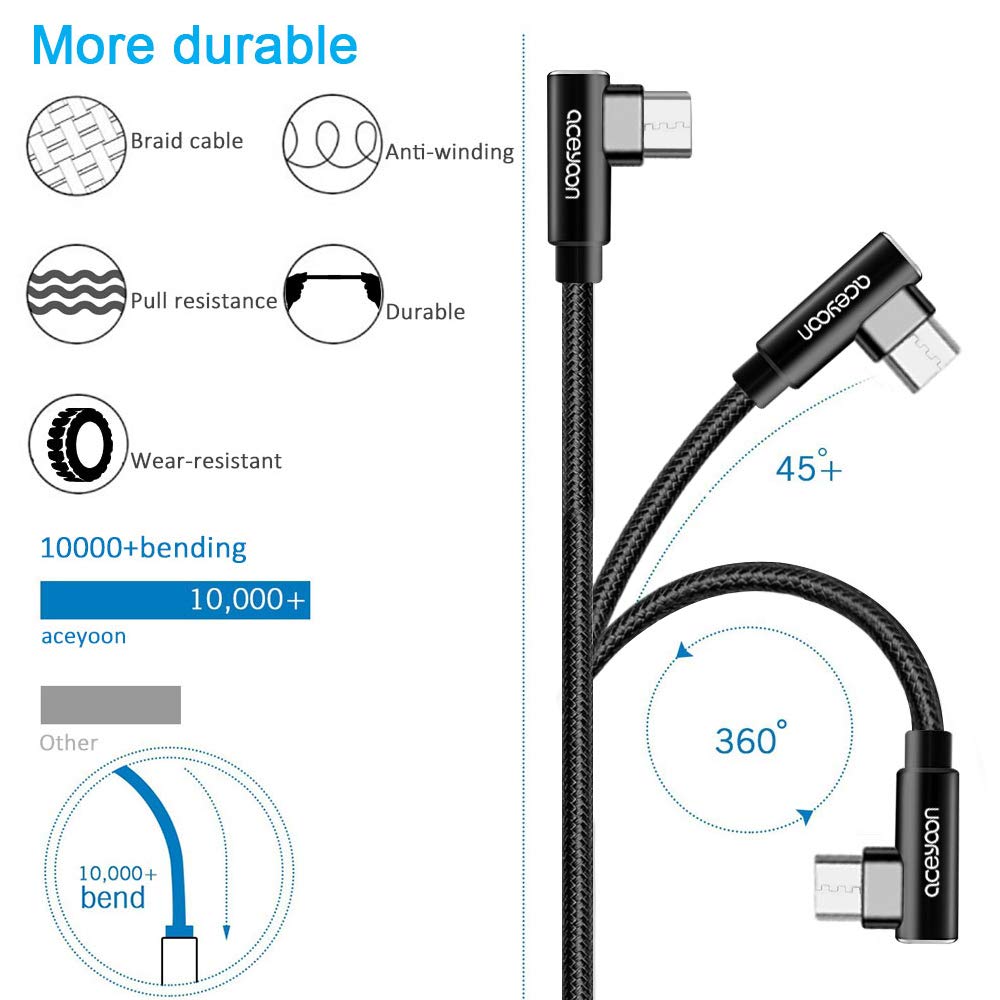 aceyoon Right Angle USB C Cable 1ft, 3-Pack Braided USB to USB C Cable 90 Degree Elbow Dual L Shape Comaptible for iPhone 15 Pro Max, Samsung Galaxy S8 S9 S10, Pixel 2 3 3XL, P30 P20 Mate20