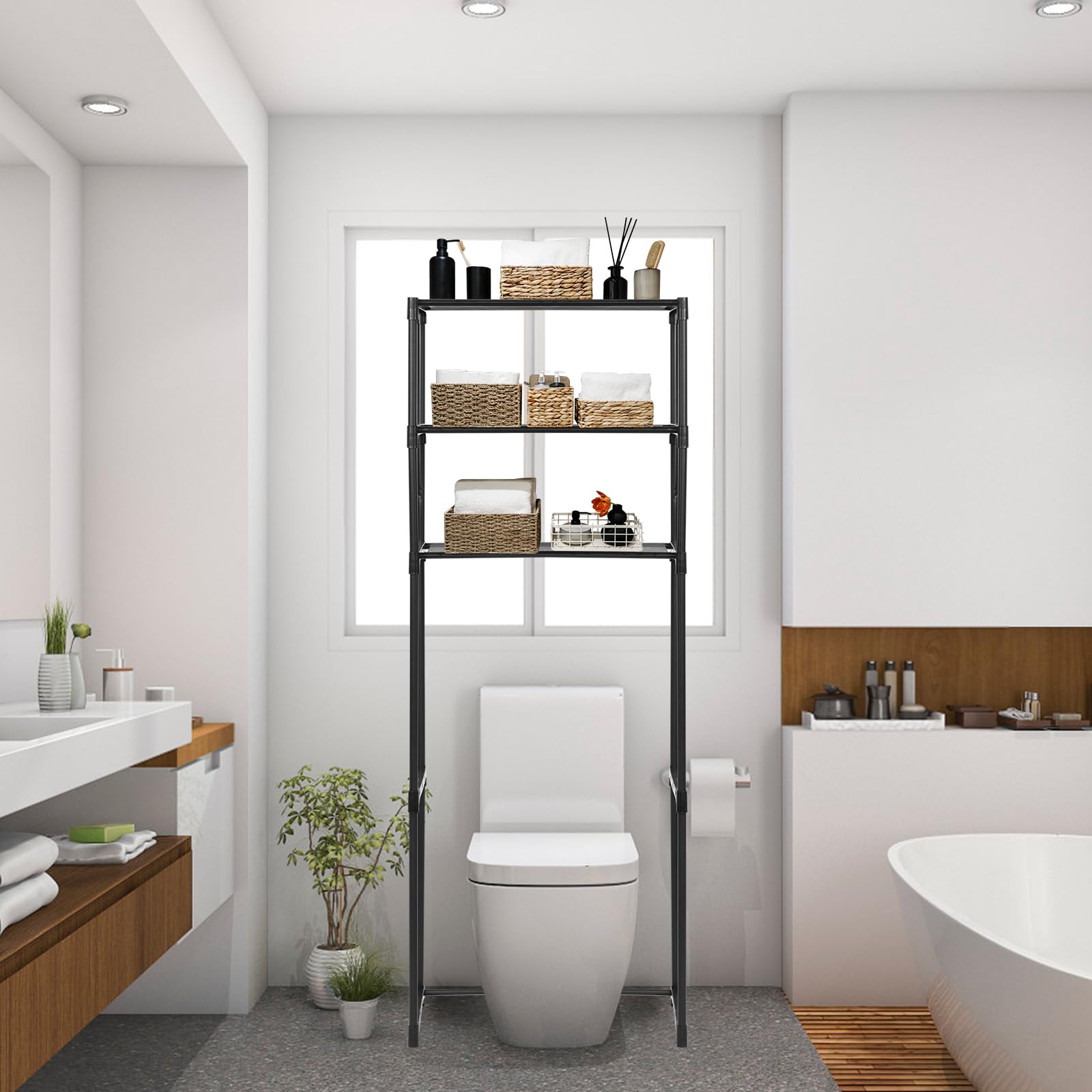 3 Tiers Over the Toilet Storage Rack Multifunctional Over Toilet Shelf Organizer Large Capacity Bathroom Storage Shelf Organizer Easy Assembly Bathroom Space Saver Shelf for Bathroom Restroom Laundry/