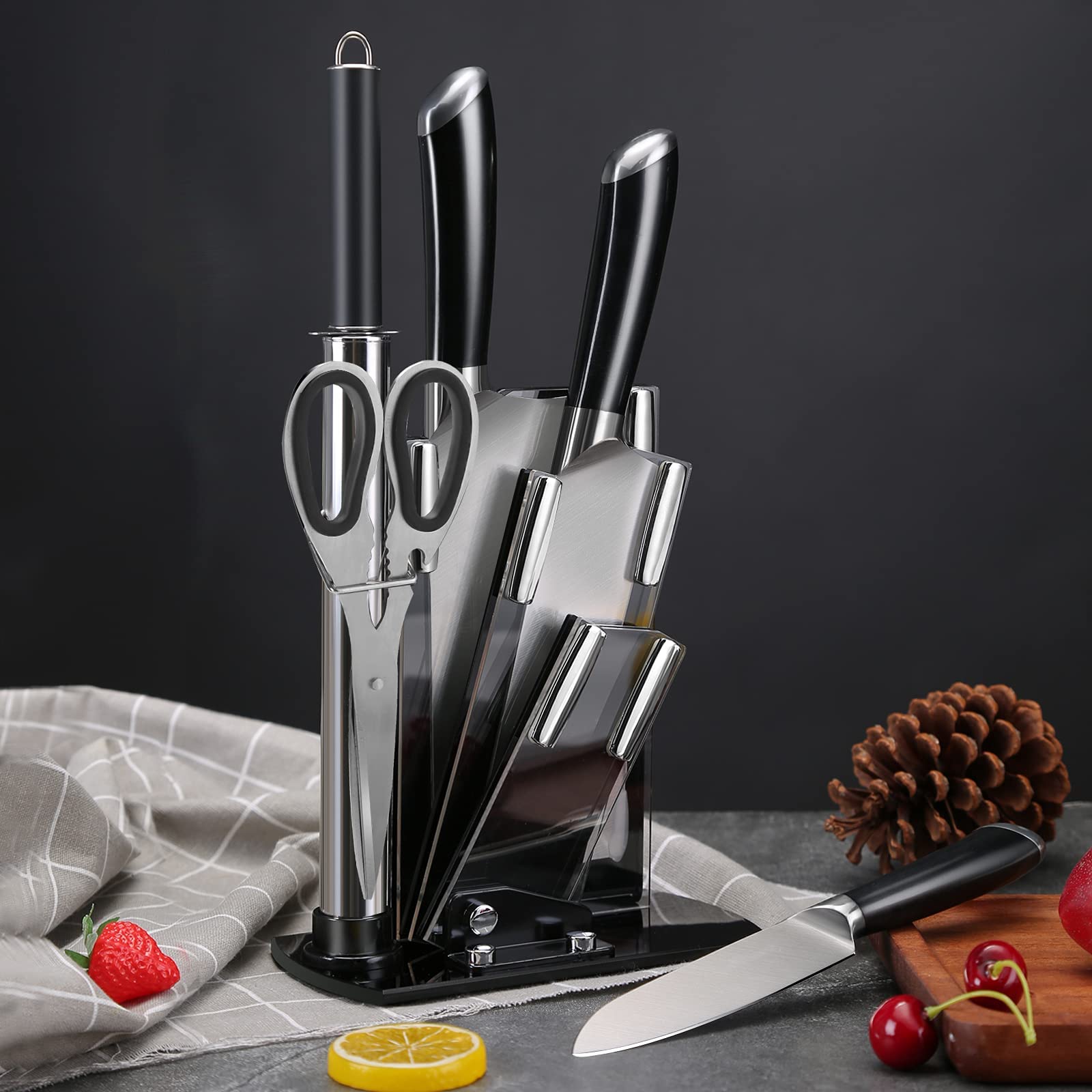 BAERFO Kitchen Knife Block Sets for Stainless Steel (6pcs Kitchen Knife Set with Stand) with Sturdy Knife,Santoku Chef Knife,Utility Knife and Knife Sharpener,Kitchen Scissor that Chef Knives Set