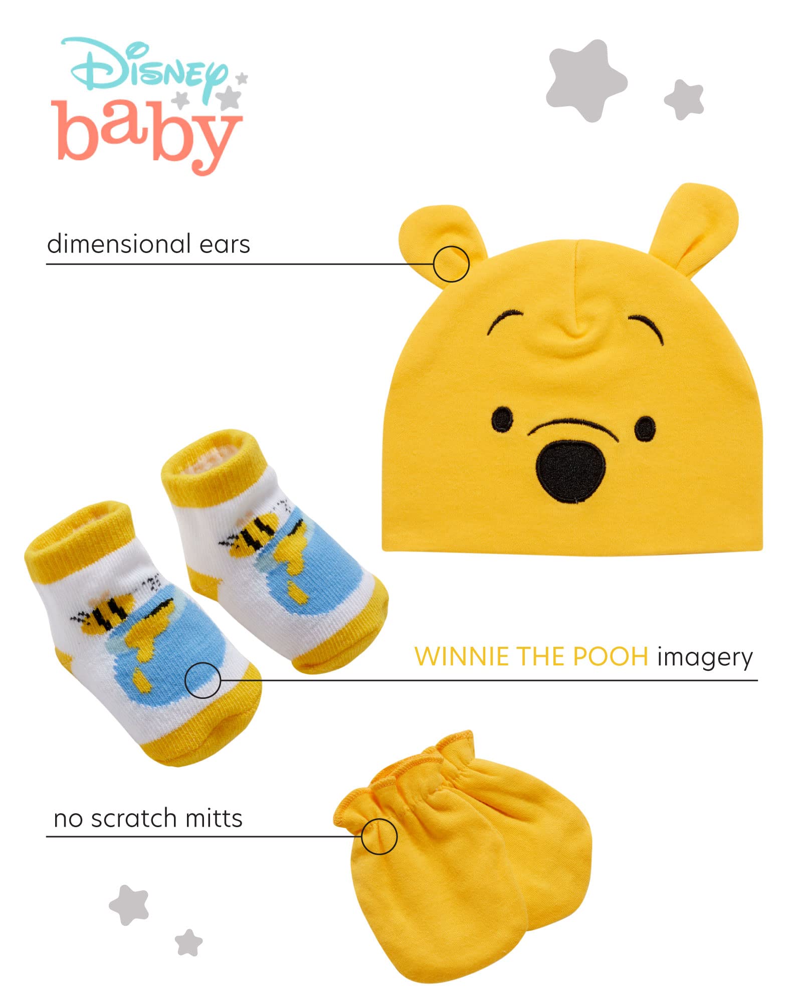 Disney Newborn Baby Boys’ Take Me Home Layette Gift Set: 3D Ear Hat, Socks and Mitten: Mickey Mouse, Winnie The Pooh, Size Age 0-3M, Pooh Bear