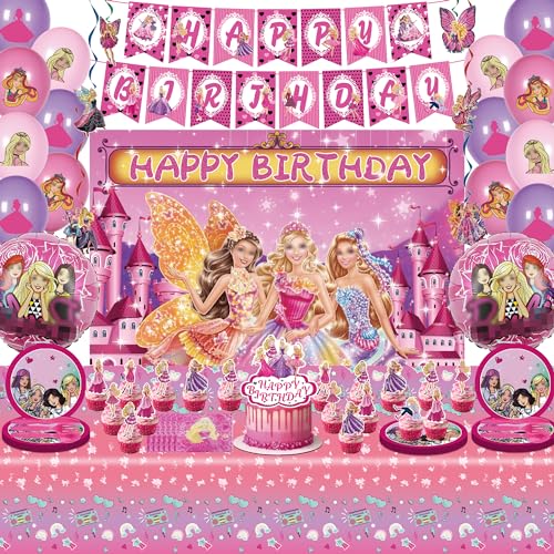 128 Pcs Pink Style Party Decorations, Pink Theme Birthday Decorations Include Banners, Tablecloth, Cake & Cupcake Topper, Backdrop, Tablewares, Balloons, Hanging Swirls, Napkins for Girls