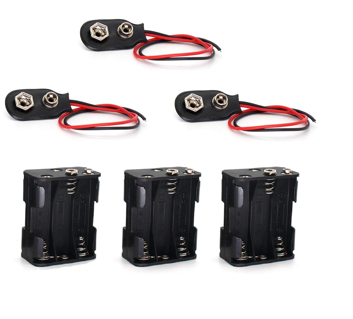 3SET 4 AA 6 X 1.5V (9V) Thicken Battery Holder with I Type Wired Battery Clip Standard Snap Connector Plastic Housing Batteries Wire Case Holder Case