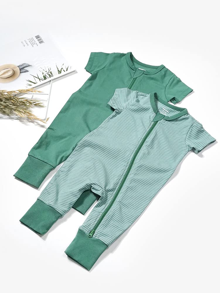 Teach Leanbh Baby Boys Girls 2-Pack Romper Jumpsuits Cotton 2 Way Zipper Short Sleeve Footless Sleep and Play 3-24 Months (Green, 12-18 Months)