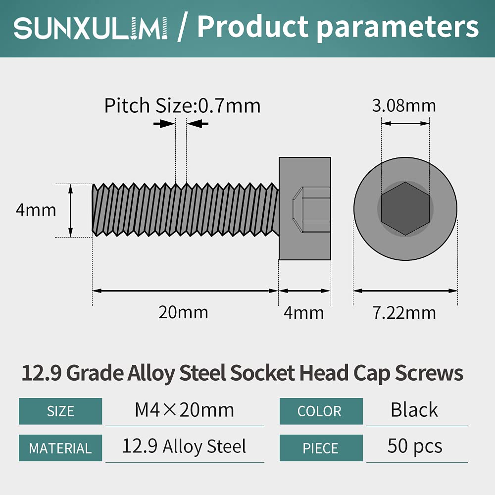 M4 x 20mm Socket Head Cap Screws Bolts 12.9 Grade Alloy Steel Metric Machine Hex Socket Screw, Black Oxide Finish, Fully Threaded, 50PCS