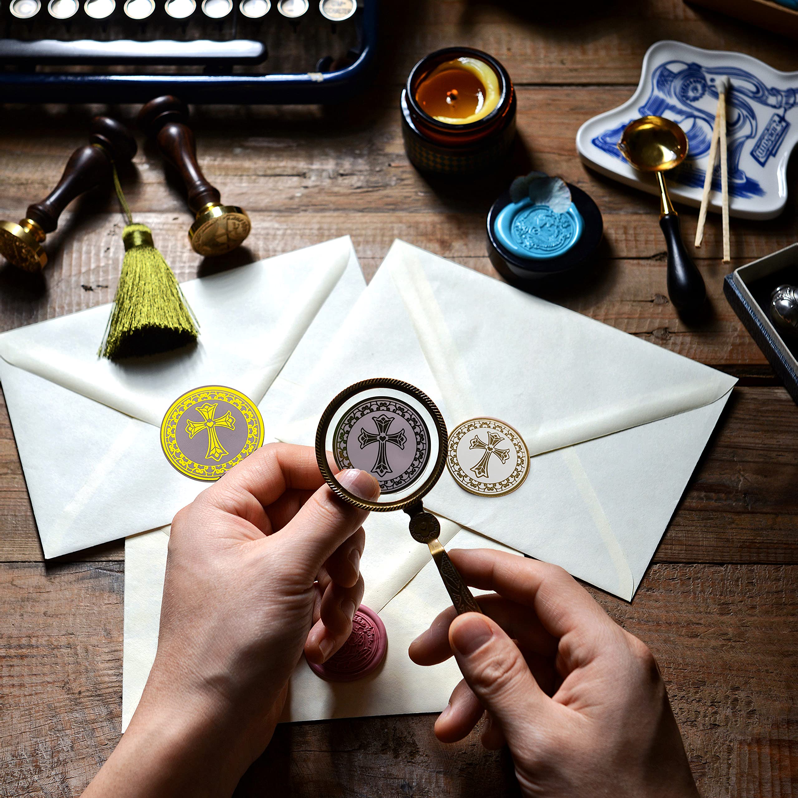 Gold Foil Cross Stickers, 1.5 inch 500 Foil Self-Adhesive Religious Stickers Round Labels for Baptism Party, Envelope Seals, Christening, Wedding Decoration