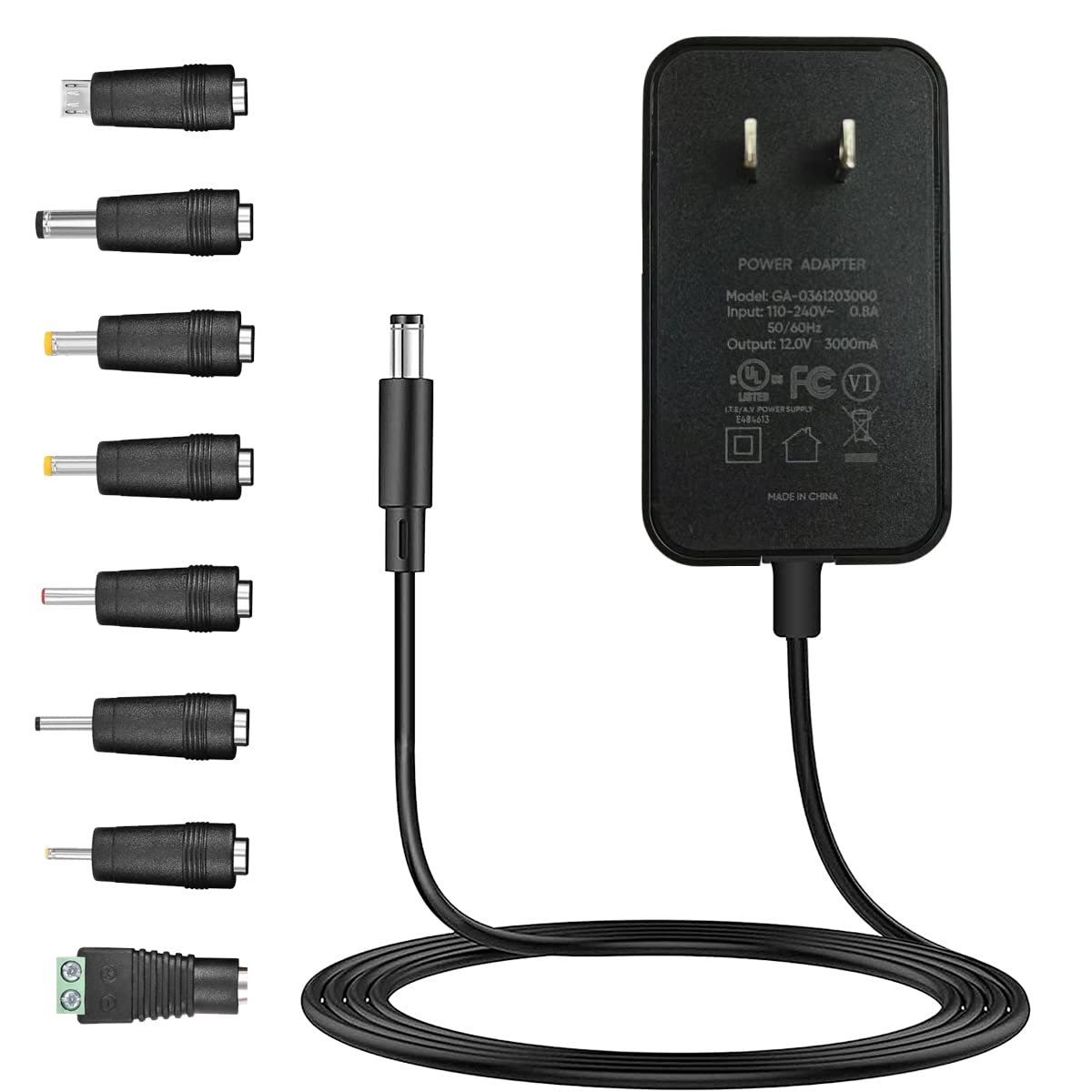 12V 3A Power Supply Adapter with 8 Selectable Adapter Tips for DC12V Home Electronics, LED Strip Light, CCTV Camera, Routers, Speakers - UL Listed