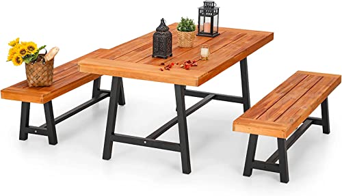 PHI VILLA Outdoor Table Bench Set of 3, 1 Wood Dining Table & 2 Wooden Benches, Premium Acacia Wood Patio Furniture Set for Porch Balcony Deck, Teak Color