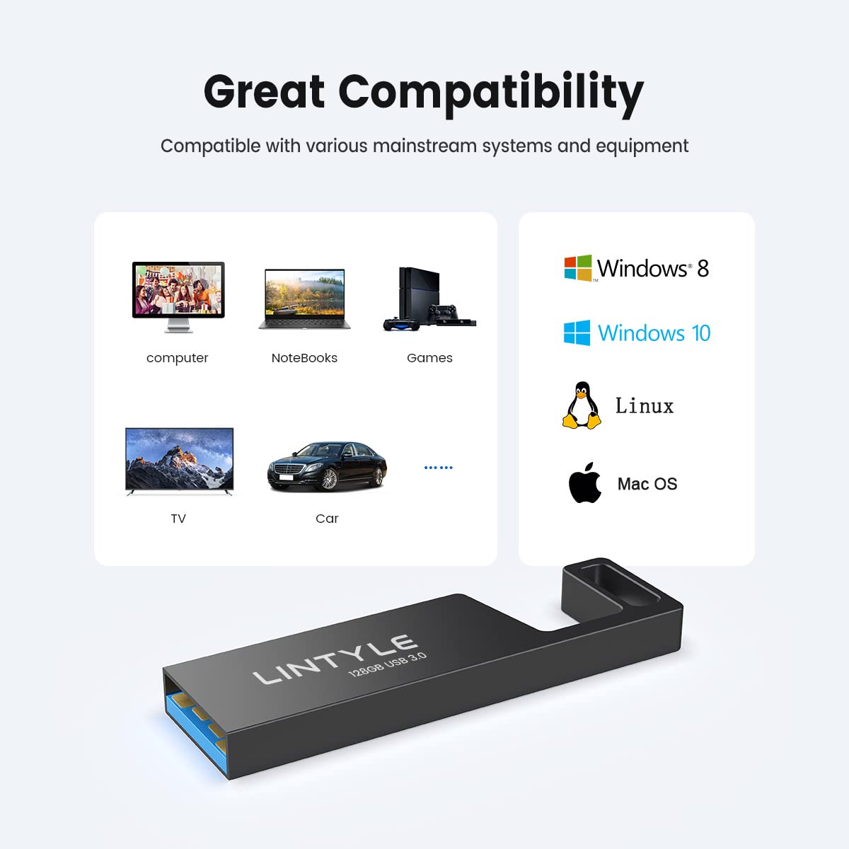 128GB Flash Drive, LINTYLE 128GB USB Drive Ultra High Speed USB 3.0 Thumb Drive Metal Flash Drive 128GB 3.0 for PC Laptop, Black