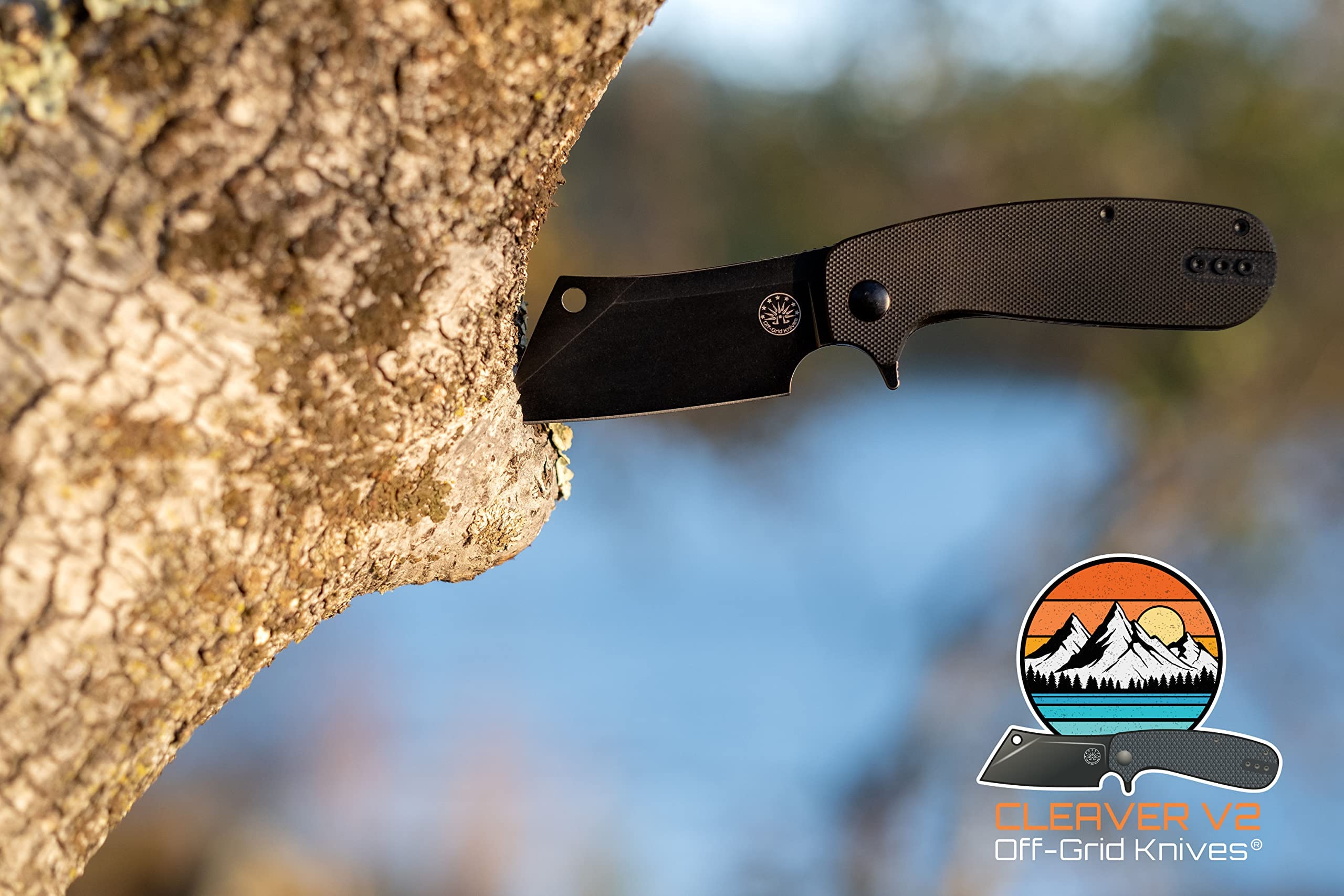 Off-Grid Knives - Cleaver V2 Folding Knife, D2 Tumbled Black Cleaver Blade, G10 Scales, Ceramic Ball Bearings, Left & Right Hand Carry