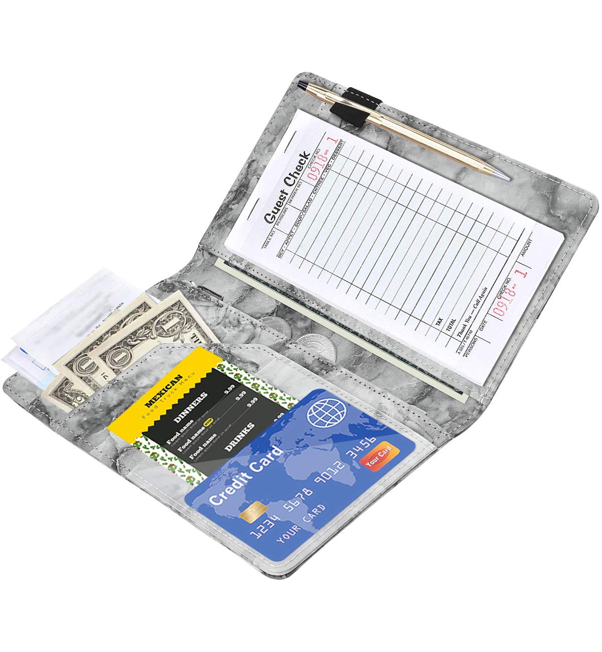 Server Books for Waitress - Marble Texture Leather Waiter Book Server Wallet with Zipper Pocket, Cute Waitress Book&Waitstaff Organizer with Money Pocket Fit Server Apron