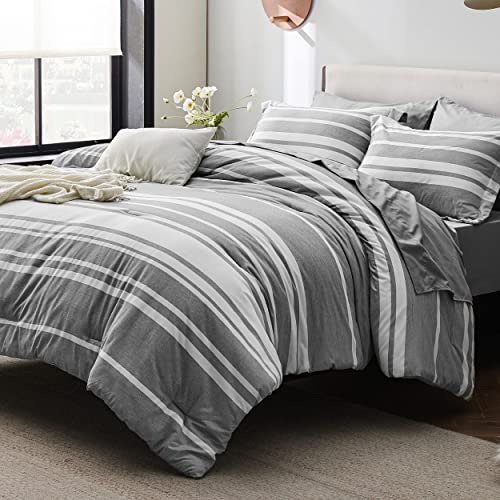 Bedsure Bed in a Bag Full Size 7 Pieces, Gray White Striped Bedding Comforter Sets All Season Bed Set, 2 Pillow Shams, Flat Sheet, Fitted Sheet and 2 Pillowcases