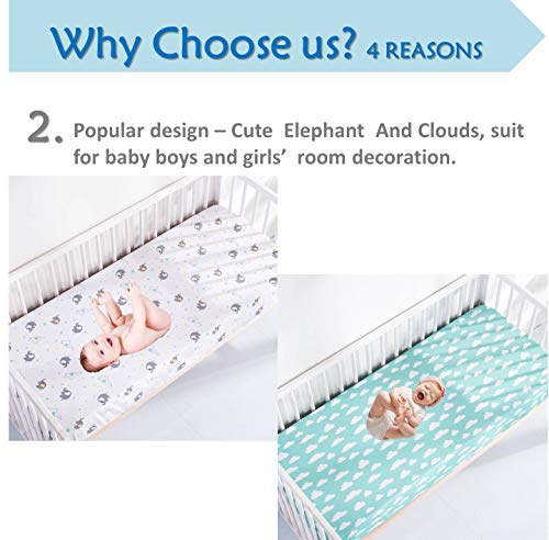 Crib Sheets Neutral, 2 Pack Fitted Crib Sheets Set, Printed Crib Sheets for Boys and Girls, Soft and Breathable Silky Microfiber Baby Sheet Fits Standard Crib and Toddler Mattress, Elephant & Clouds