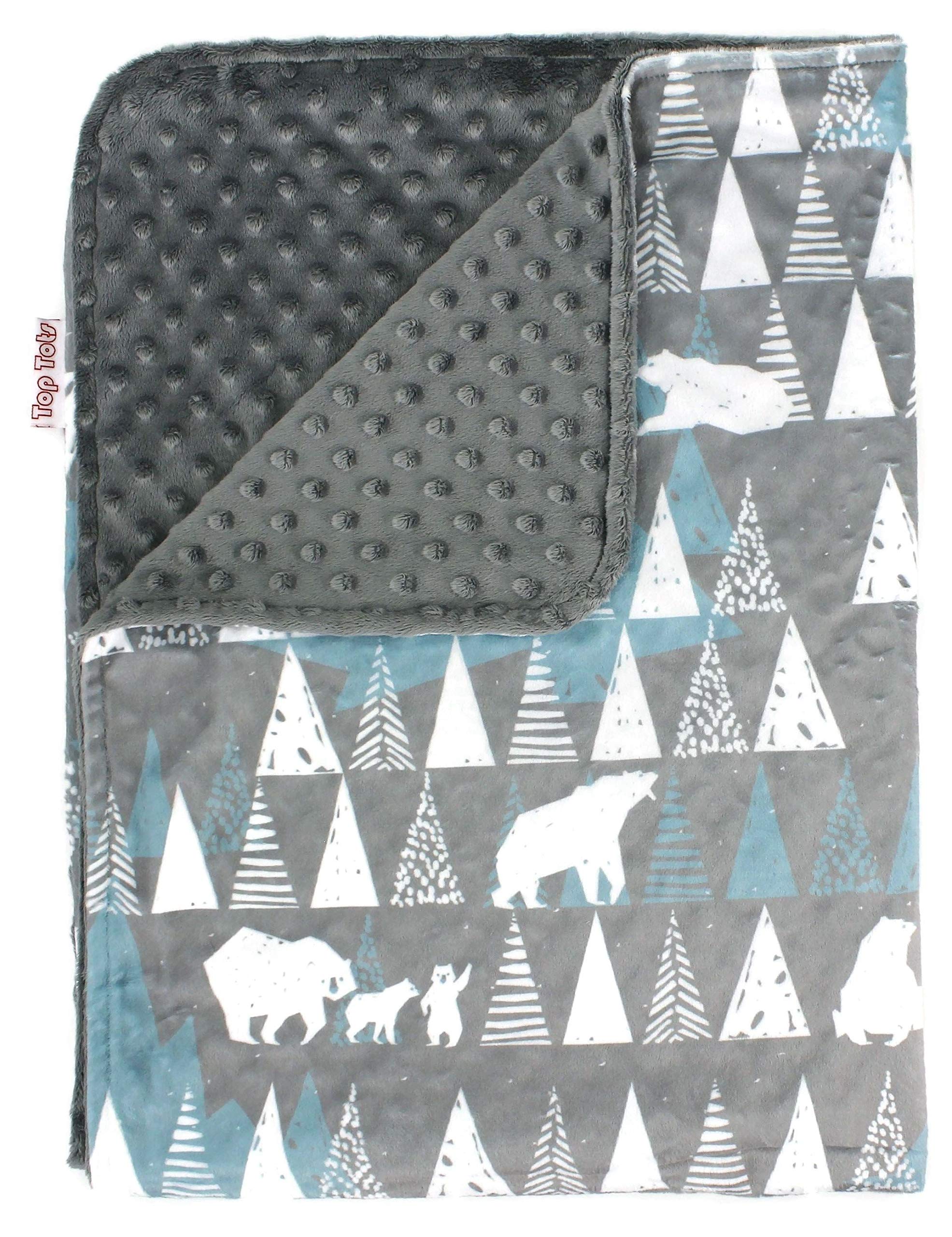 Top Tots Deluxe Baby Blanket - White Bear and Trees, Minky Dot, Grey