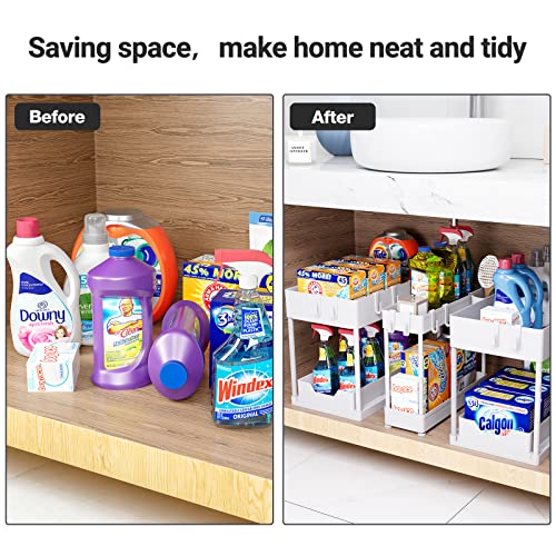 3 Pack Puricon Under Sink Organizer Pull Out Under Sink Storage, 2 Tier Multi-Purpose Sliding Under the Sink Organizer Bathroom Kitchen Sink Organizer Under Cabinet Shelf for Cleaning Supplies -White
