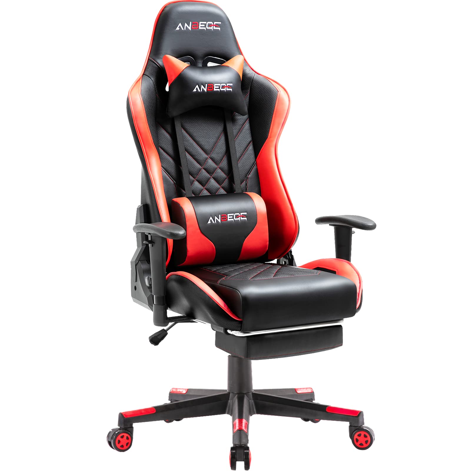 ANBEGE Gaming Chair Retractable Footrest 2D Armrest Office Chair Height Adjustable Leather High Back Ergonomic Headrest Massage Lumbar Cushion Swivel Rocker Recliner Computer Chair (RED)