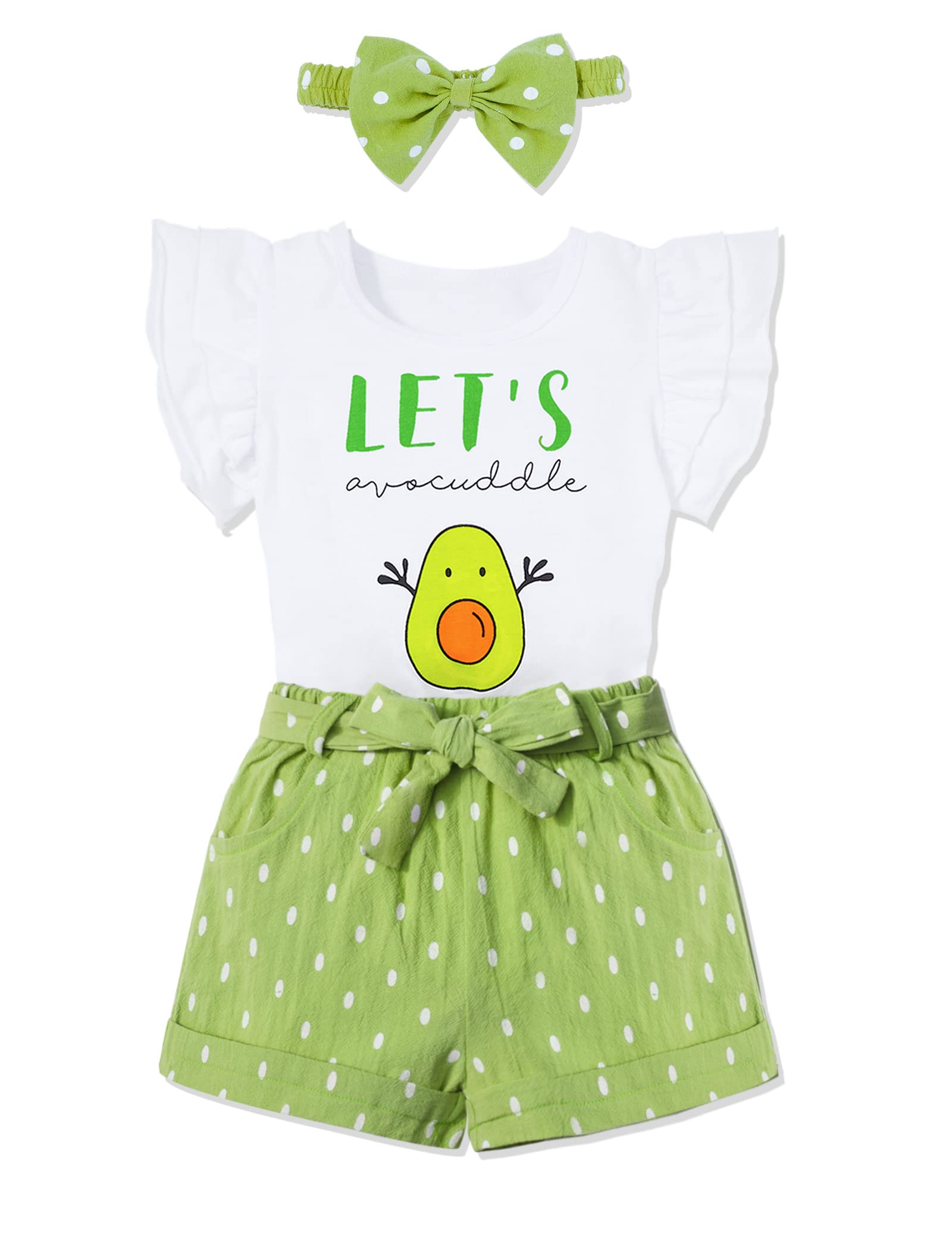 Toddler Girl Clothes 18-24 Months Girl Summer Outfits Baby Girl Clothes Sets with Avocado Ruffle Short Sleeve Top + Green Shorts Pants + Bow Hairband 3Pcs Set