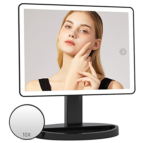 COSMIRROR Large Lighted Makeup Mirror, 14.5in x 9in, 88 LED Lights, 10X Magnification, Touch Sensor Dimming, 360 Rotation Tabletop Personal Beauty Light Up Mirror