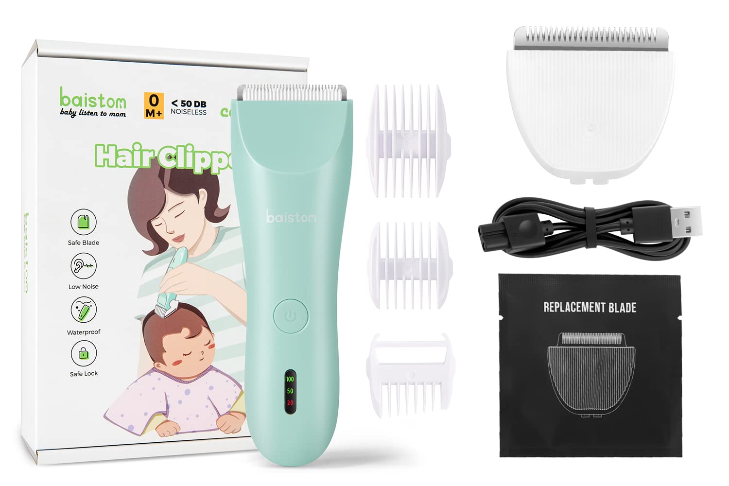 baistom Quiet Baby Hair Clippers Bundled with Replacement Blade and USB Charging Cable