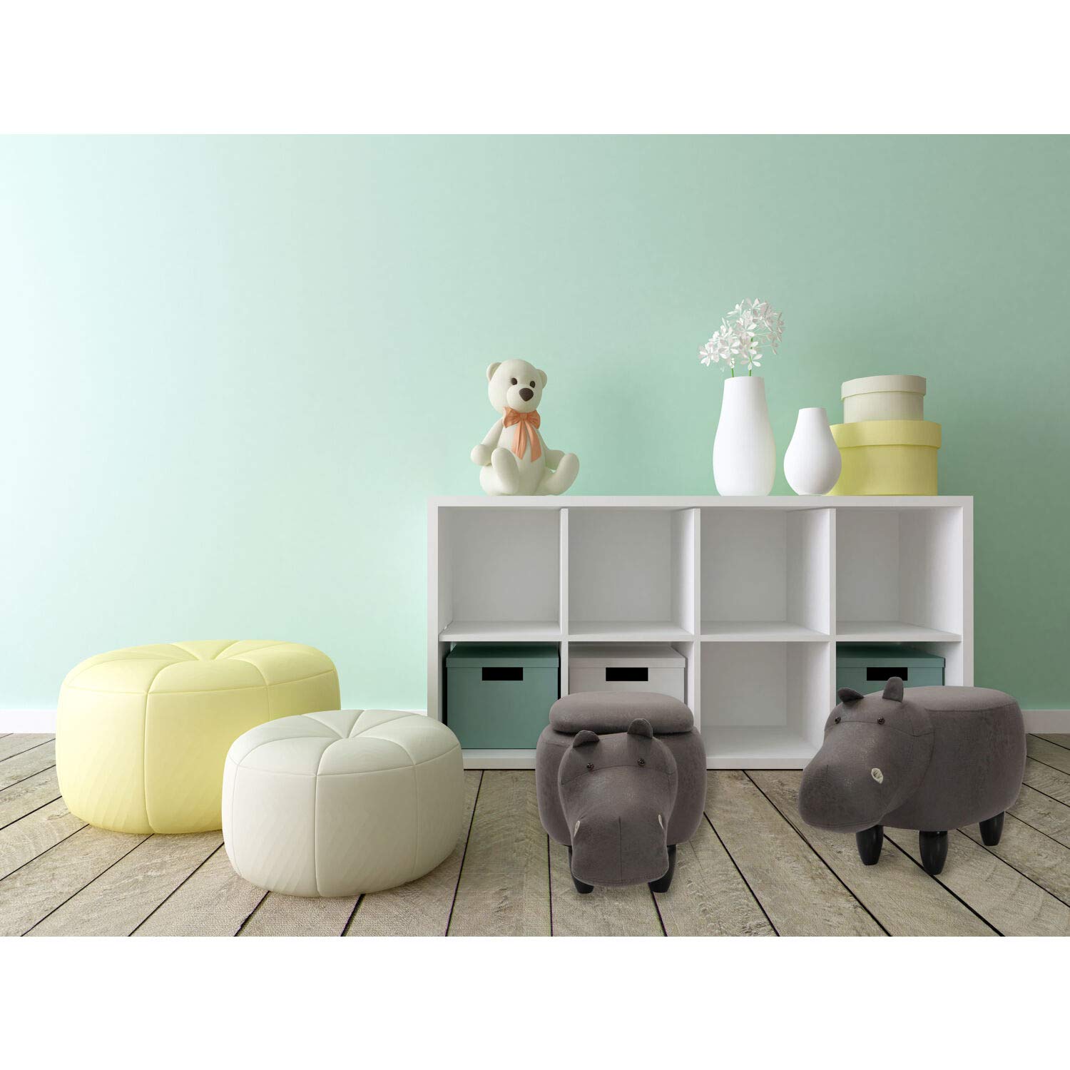 Critter Sitters 15-In. Seat Height Dark Gray Hippo Animal Shape Storage Ottoman, Kids Furniture for Nursery, Bedroom, Playroom, and Living Room Decor, Multifunctional Cushioned Step Stool