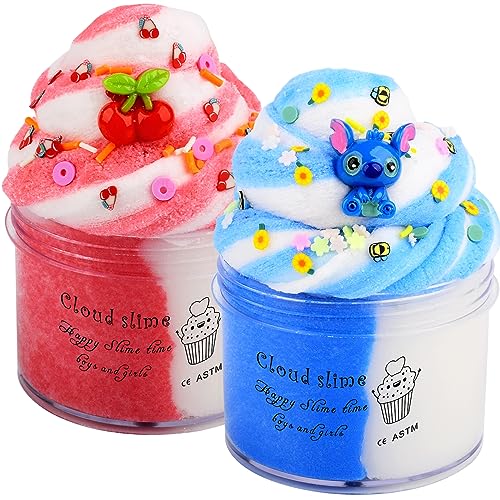 2 Pack Cloud Slime Kit with Blue and Cherry Charms, Scented DIY Slime Supplies for Girls and Boys, Party Favors Stress Relief Slime Toys for Kids Education Birthday Gift.