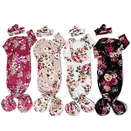 Mubineo Infant Newborn Baby Floral Sleeping Bag Swaddle Blanket with Headband Outfits (Grey, 0-6 Months)