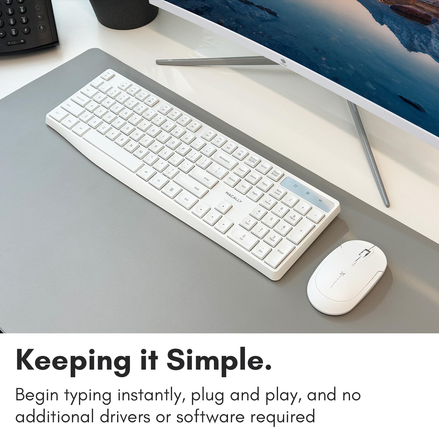 Macally Wireless Keyboard, 2.4G Wireless White Keyboard - Ergonomic Full Size Computer Keyboard with Numeric Keypad for Laptop, Desktop, Surface, Chromebook, Notebook