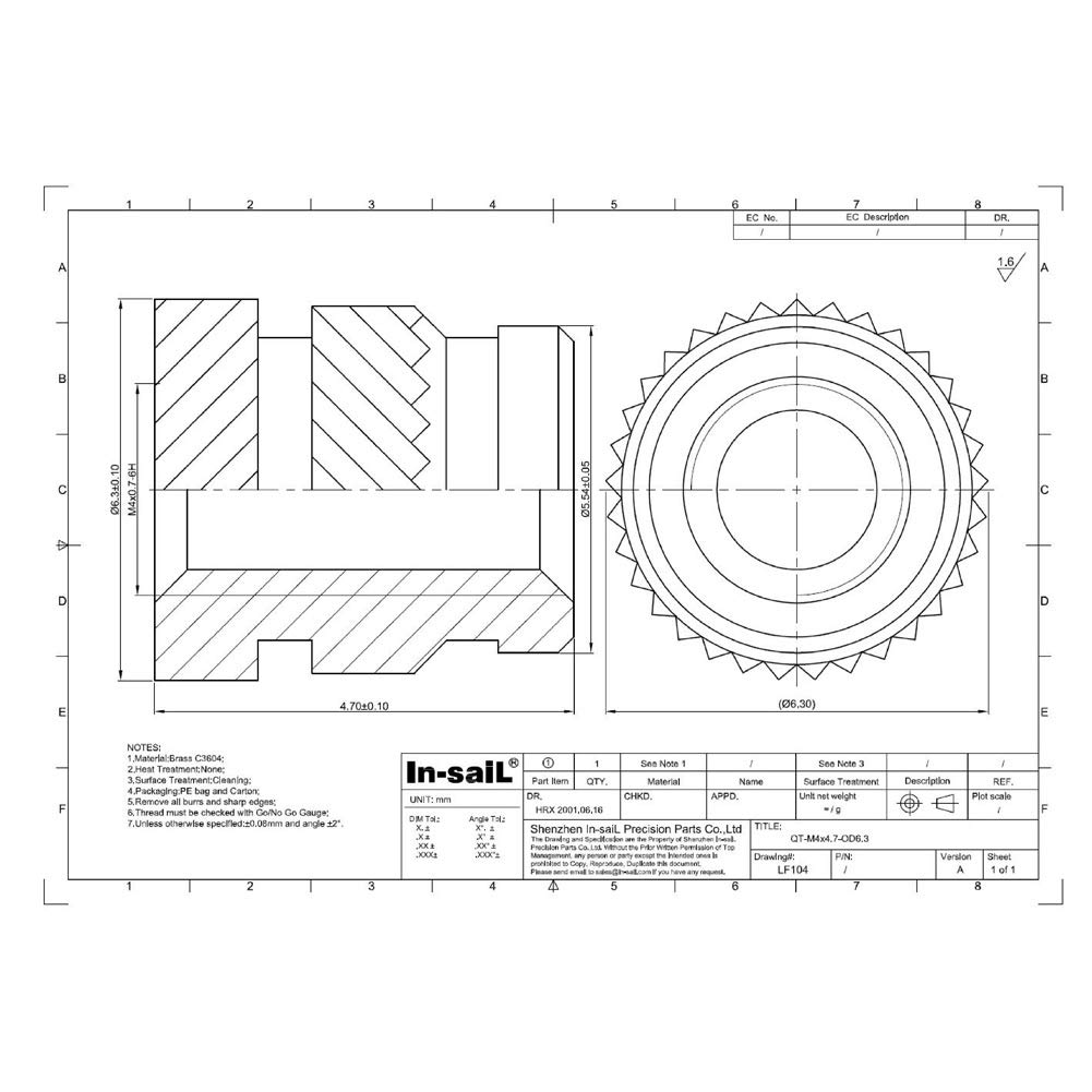 in-saiL M4x4.7mm, OD6.3mm/C3604 QT Thread Inserts for Plastic Heat Staking Brass 100pcs/lot