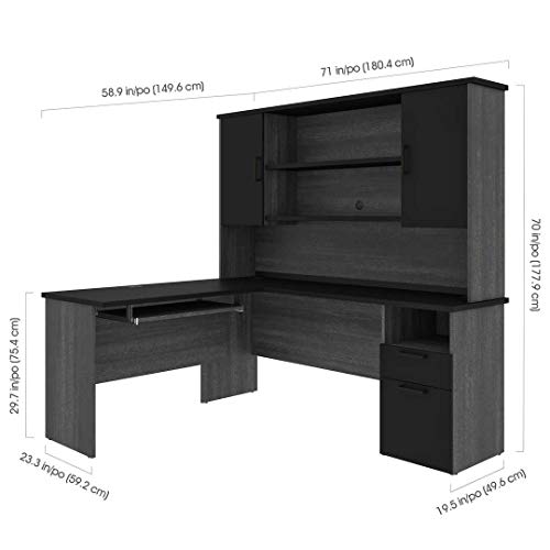Bestar Norma L-Shaped Desk with Hutch, 71W, Black & Bark Gray
