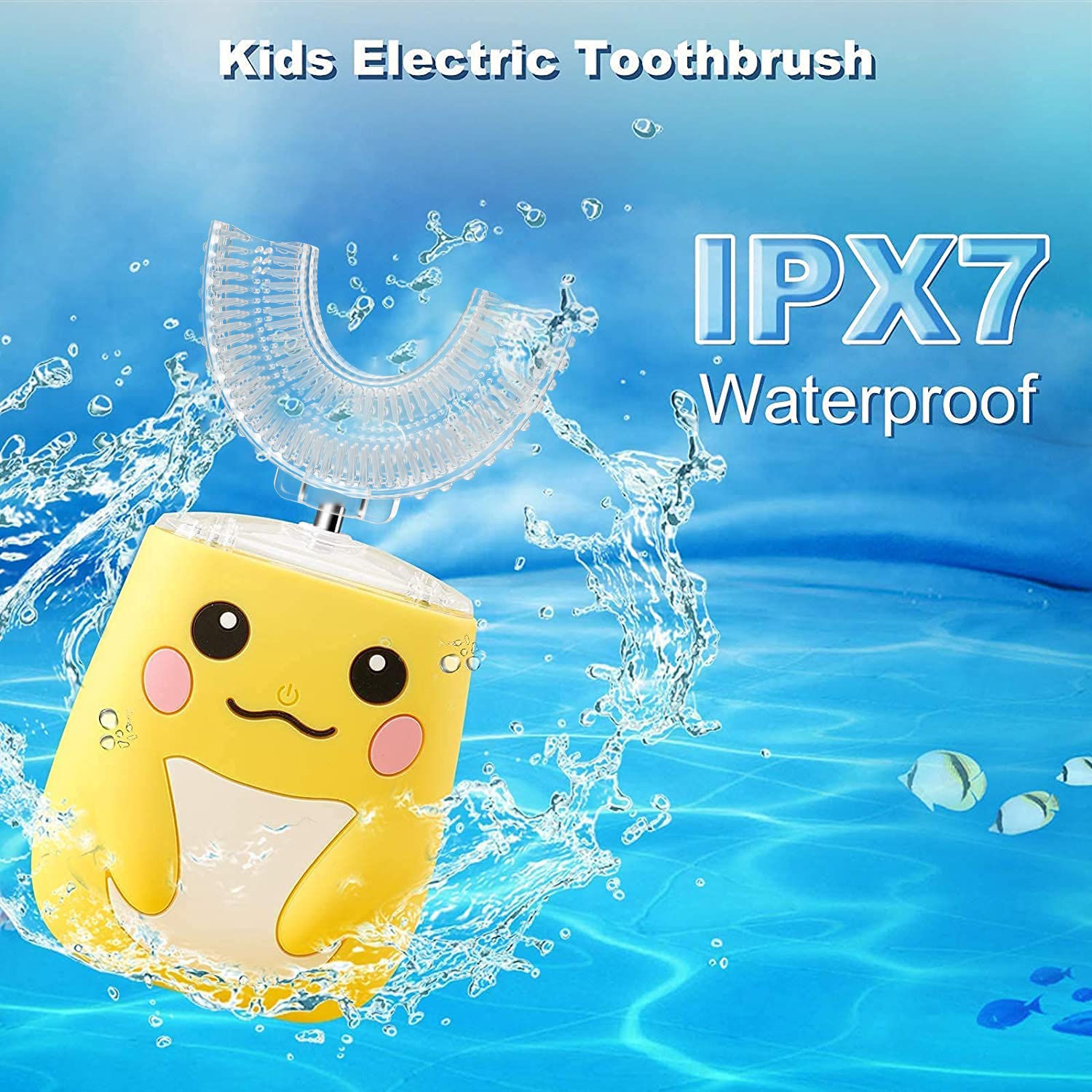 Kids Electric Toothbrush, U Shaped Ultrasonic Automatic Tooth Brush,Toothbrush with 2 Brush Heads,Six Cleaning Modes,IPX7 Waterproof,Cartoon Modeling Design for Toddler Children, Age 2-7 Yellow