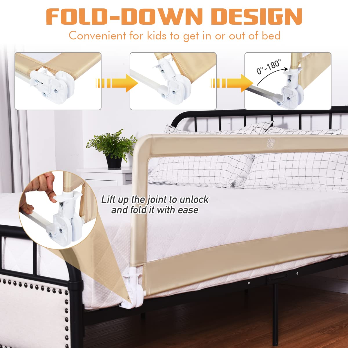 Costzon Bed Rail for Toddlers, 2 PCS Extra Long Swing Down Safety Bed Guards w/Straps for Convertible Crib, Kids Twin, Double, Full Size, Queen & King Bed, Folding Bed Rails for Baby (59-Inch, Beige)