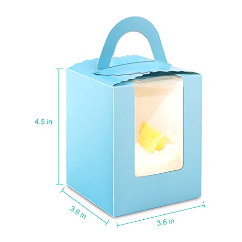 50 Pack Cupcake Boxes Individual, Portable Single Cupcake Carrier With Window Insert and Handle, Cupcake Boxes Individual Blue For Bakery Wrapping