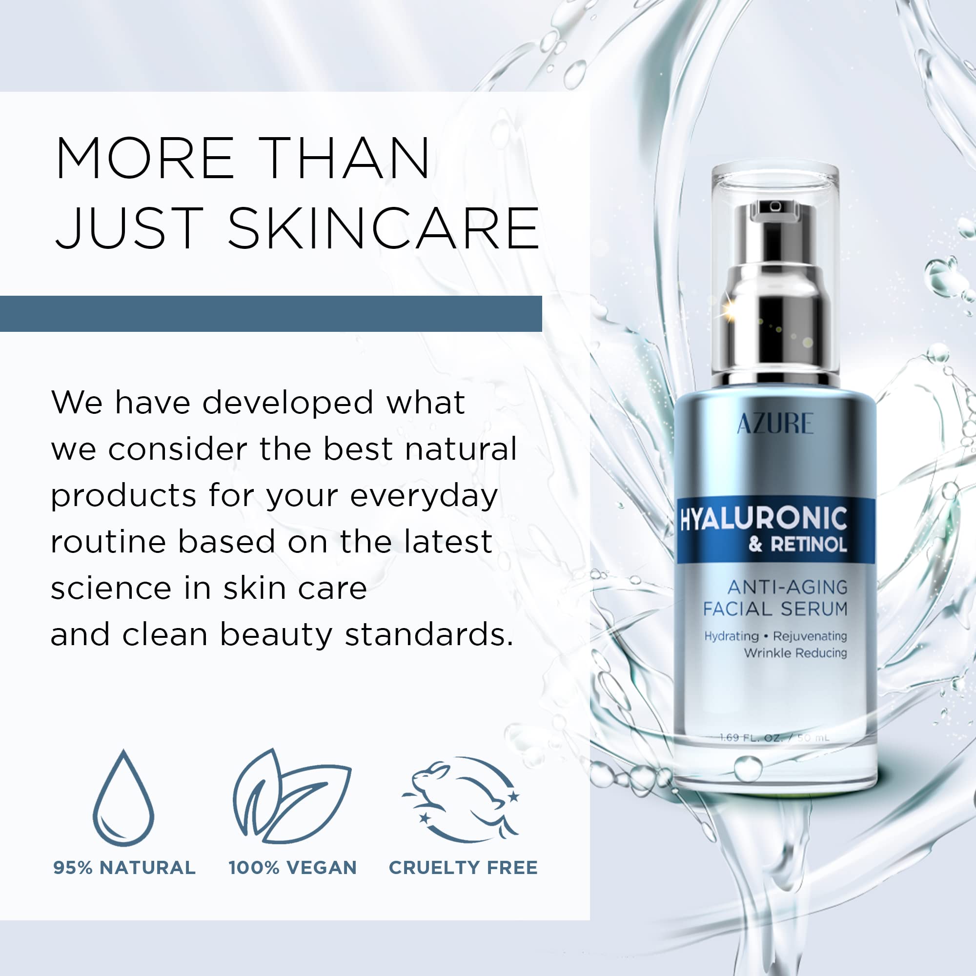 Azure Cosmetics Dermatologist Tested Hyaluronic & Retinol Face Serum - K Beauty Anti-Aging Formula for Dark Spots & Wrinkle Care - Korean Skincare, Moisturizing Complex for Glowing Skin - 1.69 fl oz